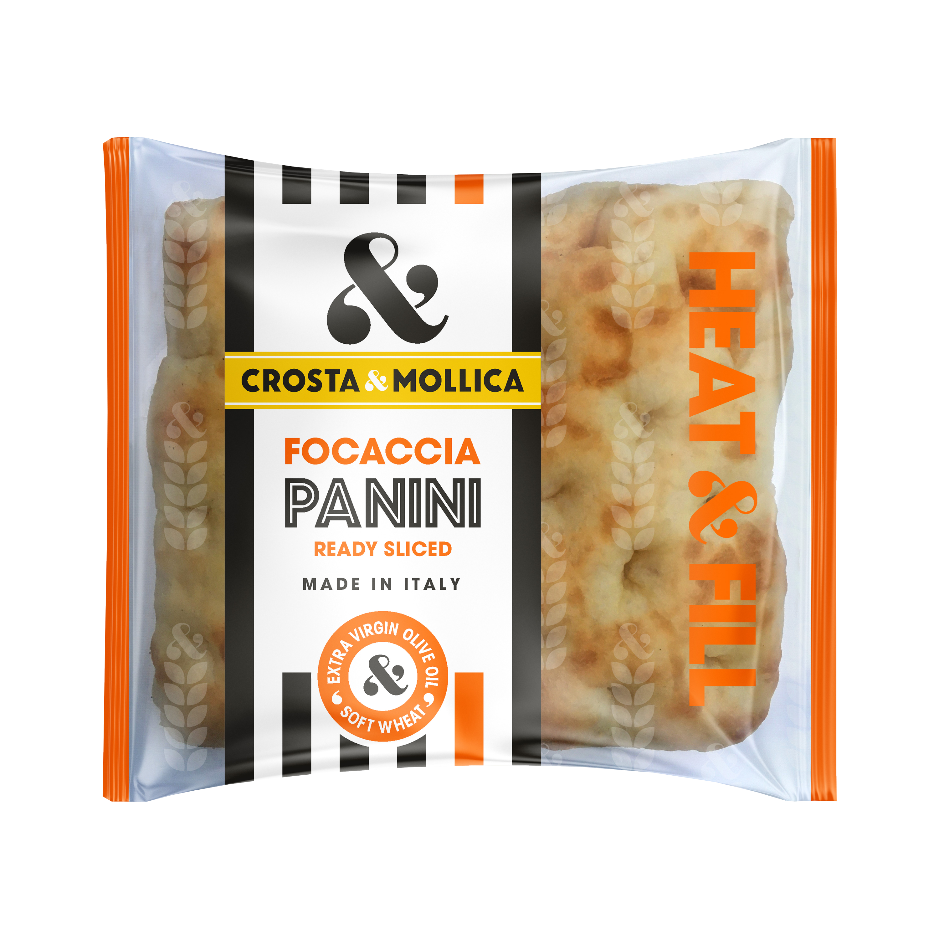 Focaccia Panini packaging, two loaves are visible through the packet.